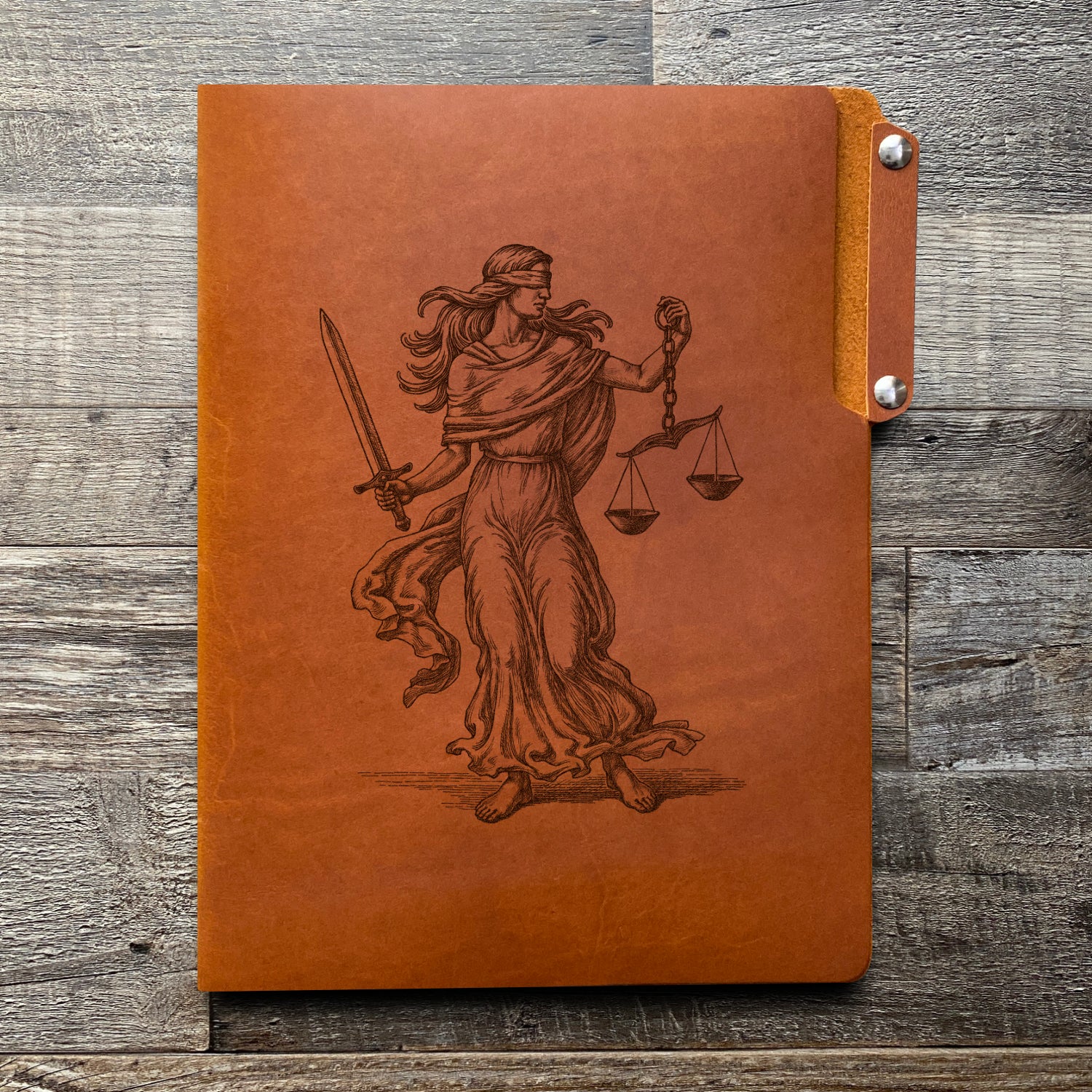 Lady Justice - Pre-Engraved - Leather File Folder – Murdy Creative Co.